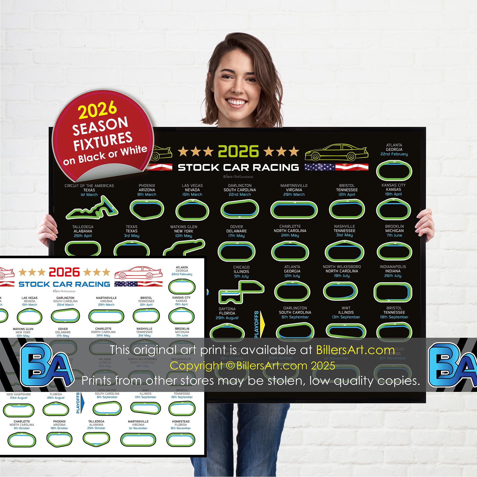 NASCAR 2026 Detailed Season Fixtures Landscape Wall Calendar Track Lay ...