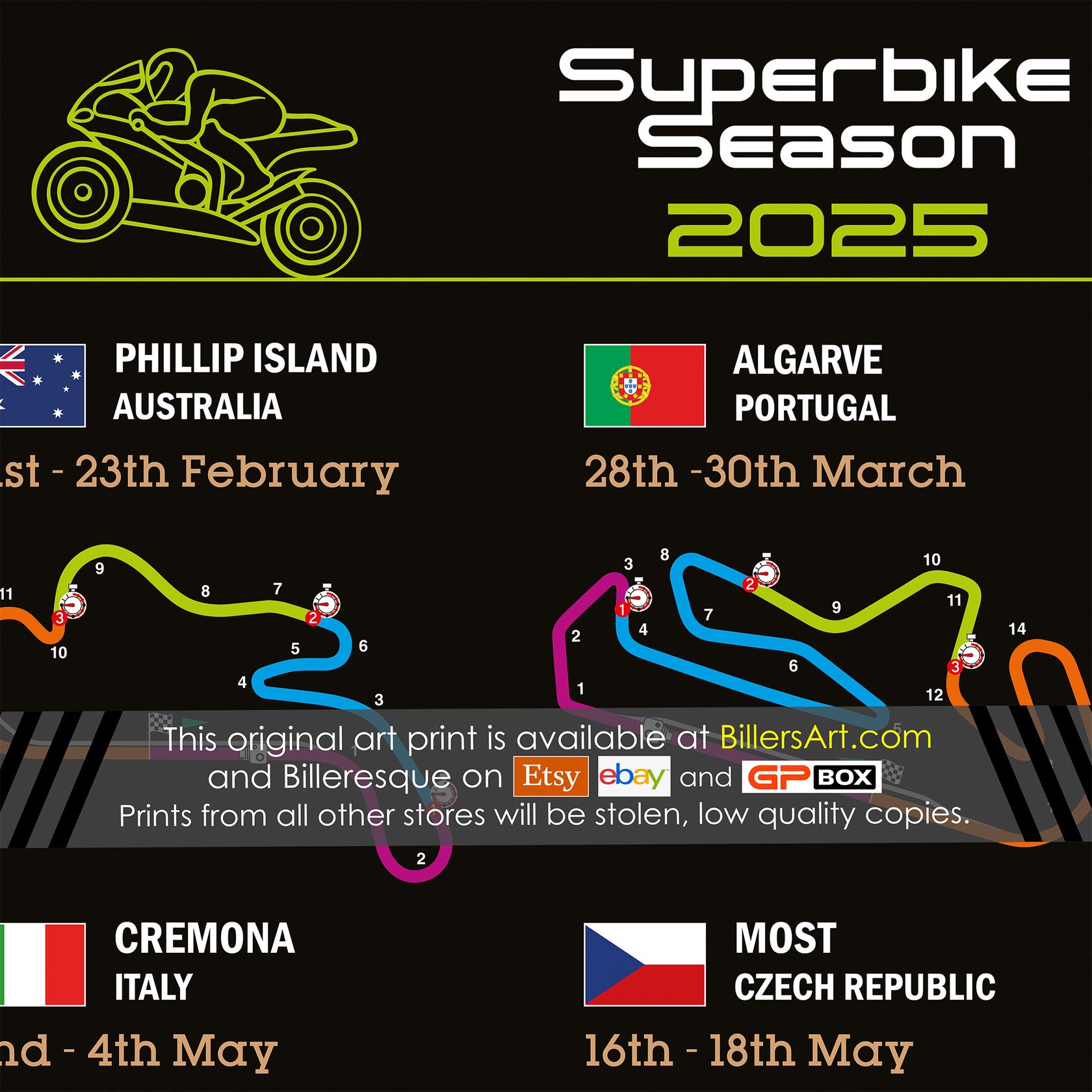 SBK Superbike 2025 Portrait Circuit Wall Calendar Fixtures – BillersArt