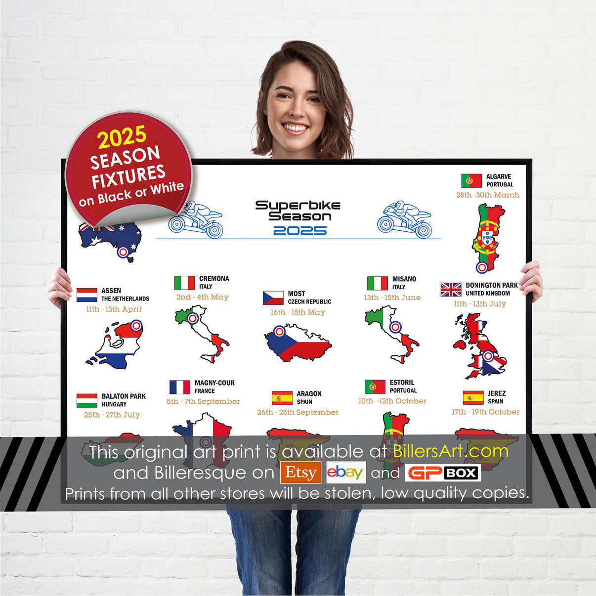 SBK Superbike 2025 Detailed Season Fixtures Landscape Wall Calendar wi ...